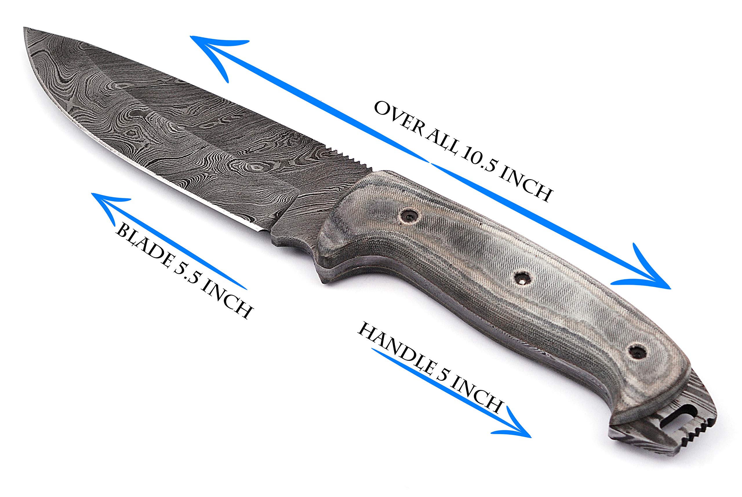 Damascus Bushcraft Knife - Survival Knife, Hand forged Fixed Blade Knife, Camping Knife & Survival Knives, Bowie Knives with Micarta Handle & Leather Knife Sheath