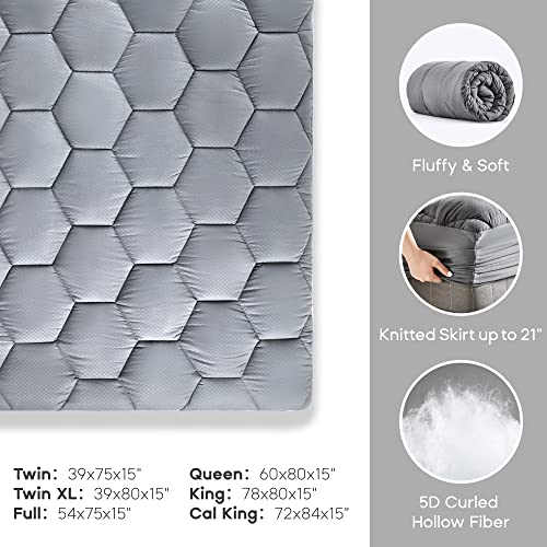 SONIVE Waterproof Mattress Pad Ultra Fluffy Soft Breathable Noiseless Quilted Fitted Mattress Protector Premuim Alternative Filling Topper Deep Pocket up to 21'' (Grey, Queen)