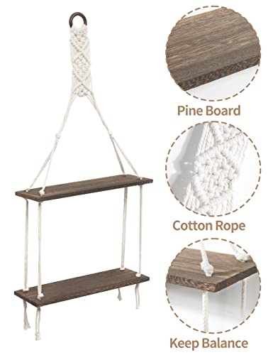 Sonefreiy Rustic Hanging Shelves 2 Tier White Rope Brown Wood Floating Shelf Window Plant Shelves for Bathroom Bedroom Living Room