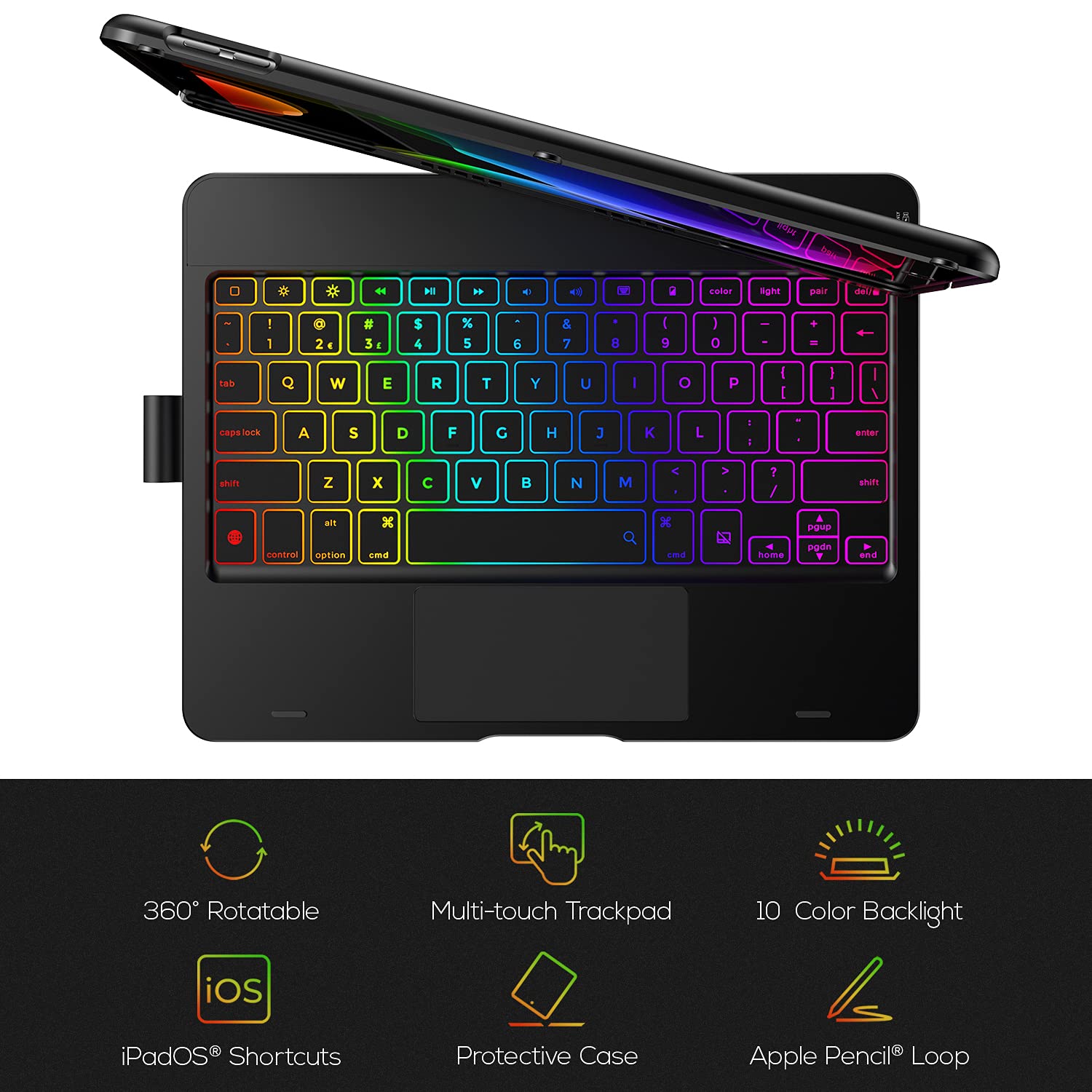 typecase Touch Ultra Case with Keyboard for iPad 9th Generation (10.2", 2021)- Trackpad, RGB Backlight, 360° Rotatable, Thin & Light for 8th Gen (2020), 7th Gen (2019), Air 3, Pro 10.5 (Black)