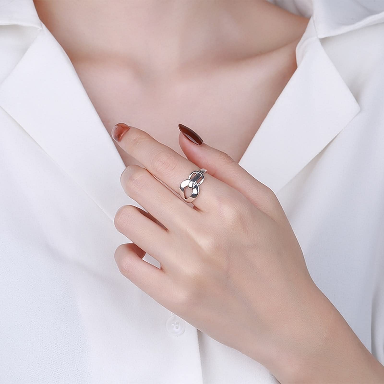 GASKER Eternity Rings for Womens, Genuine Sterling Silver Rings Geometric Buckle Shape Wedding Bands Adjustable Size