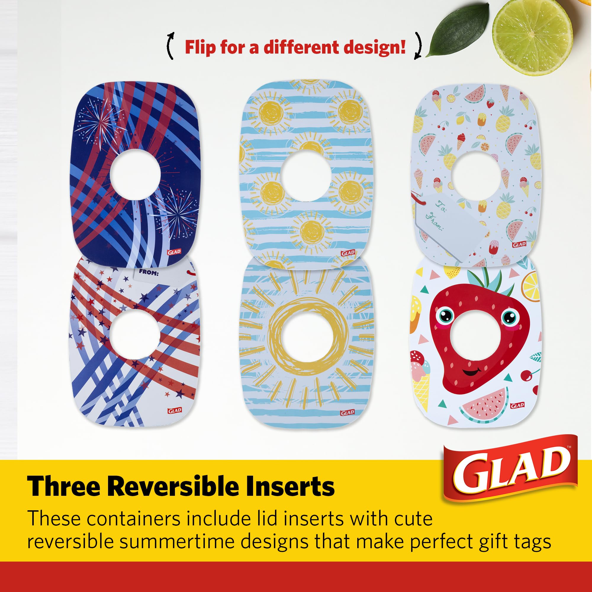 Glad Food Storage Containers, GladWare Summer Edition with Reversible Lid Inserts β 3 Ct Large Rectangle Containers & Lids, 64oz Microwave-Safe, Freezer-Safe, Dishwasher Safe