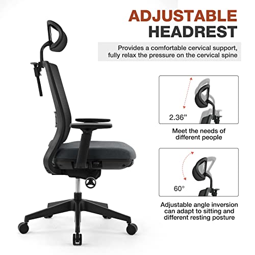 Home Office Desk Chair Ergonomic High Back Office Chair Mesh Office Chair Reclining Computer Chair Swivel Rolling Task Chair with Wheets, Coat Hanger and Adjustable Headrest Armrest, Grey