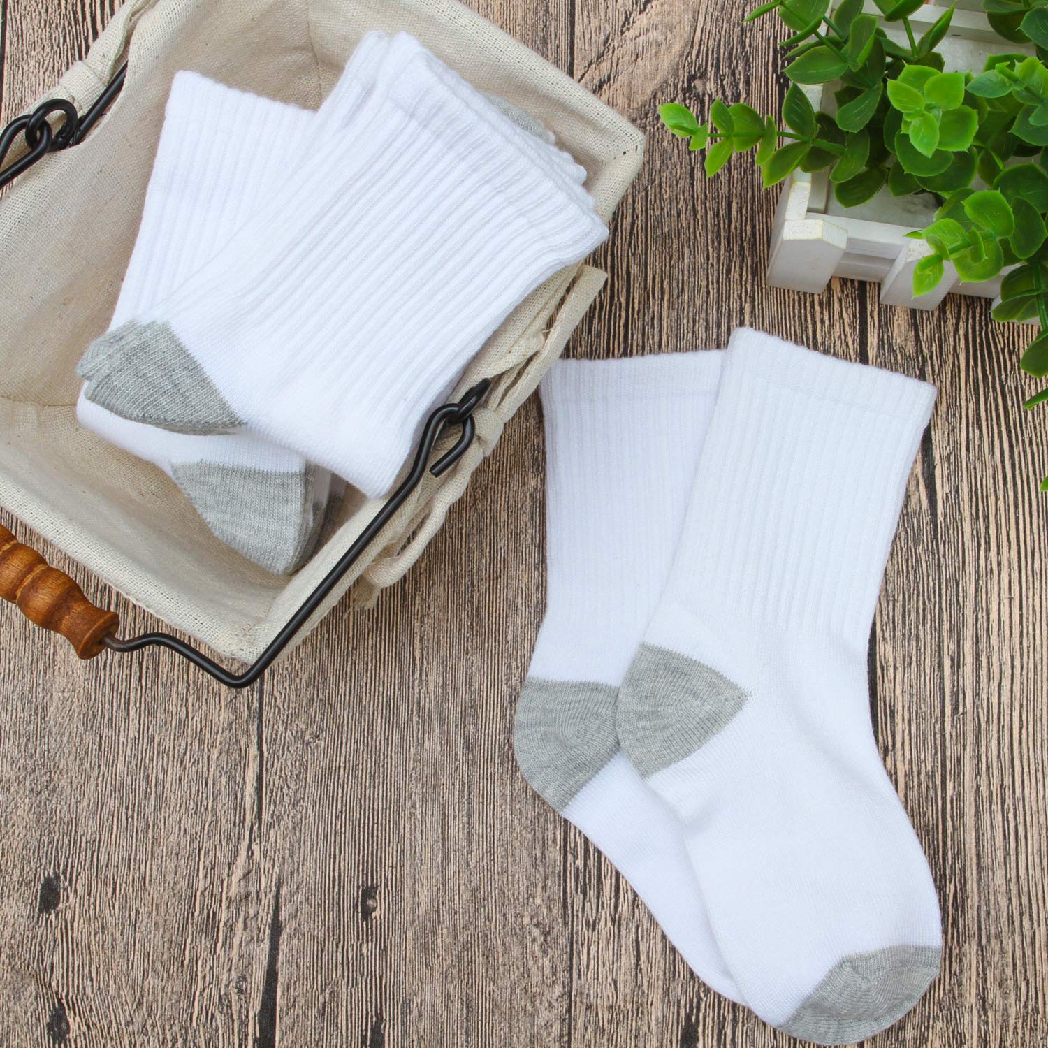 Cooraby 15 Pack Boys' Crew Socks Classics Ribbed Support Athletic Kids Socks (White & Gray, 2-4 Years)