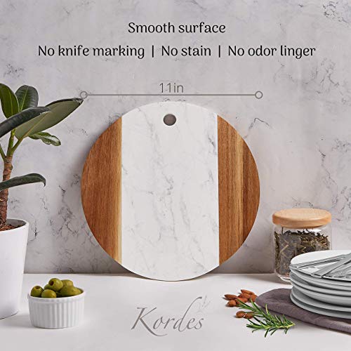 Marble Cheese Board with Acacia Accent 12" Round - Beautifully Handcrafted Charcuterie Board for Two - Round Cutting Board - Wonderful Housewarming Gift