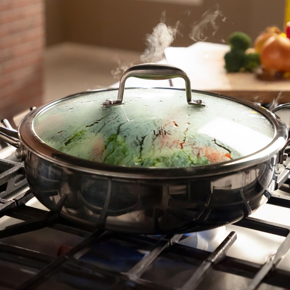 Hell's Kitchen Hybrid 4 Qt Sauté Pan and lid, Tri-Clad Stainless Steel and Nonstick Ceramic, PFAS Free, no PFOA, PTFE, or Teflon, Non Toxic Cookware, Metal Utensil Safe, All Cooktops and Oven Safe
