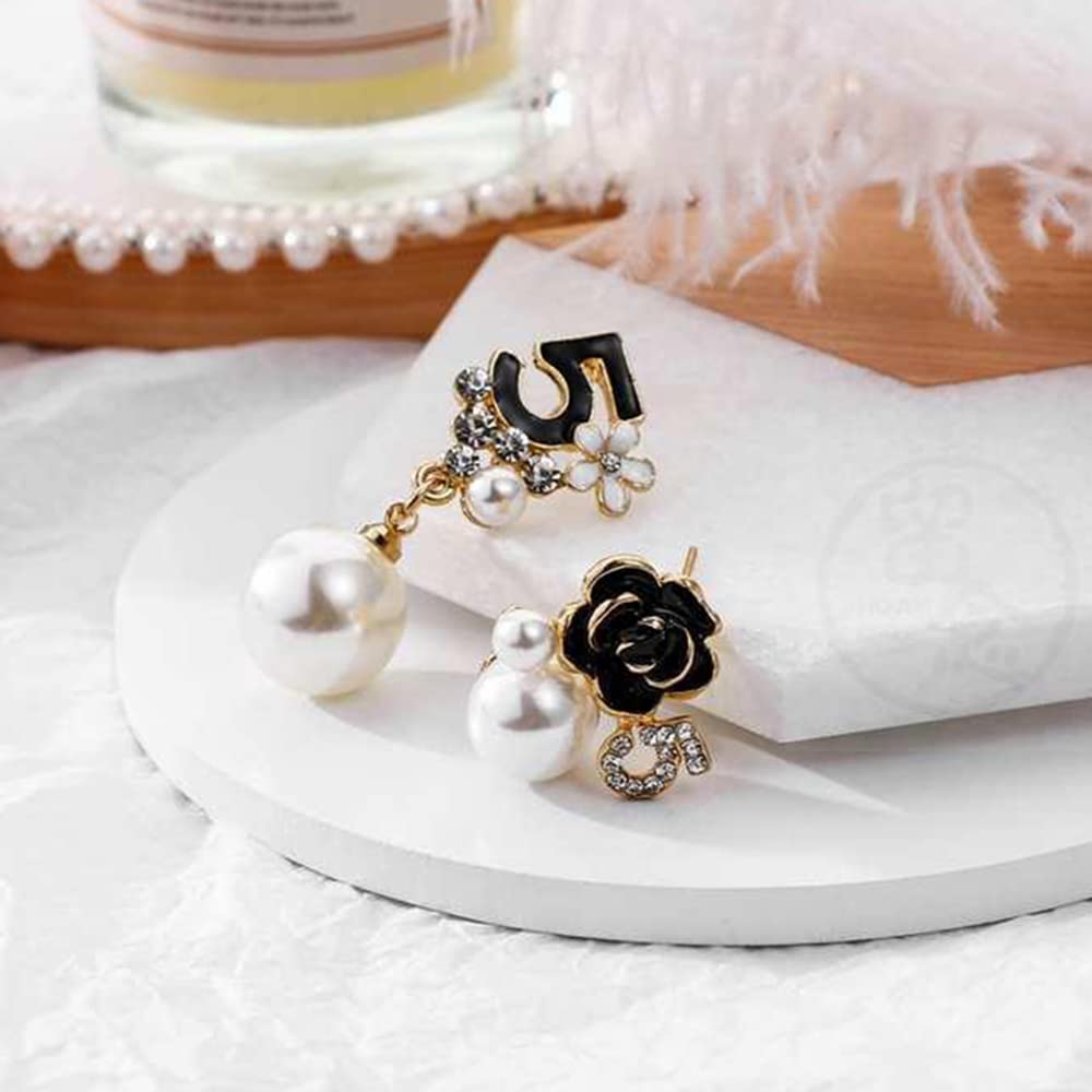 Designer Imitation Pearl Number Five Floral Charm Dangle Drop Earrings Studs