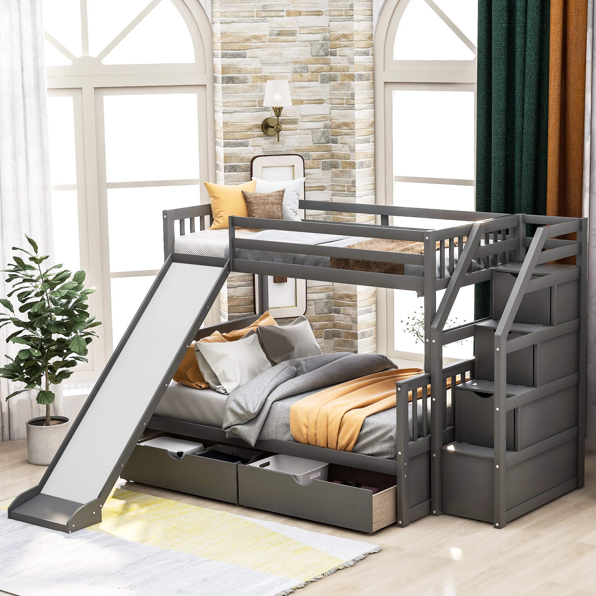 Twin Over Full bunk Bed with Drawers,Storage and Slide - Twin Over Full Bed Frame for Kids, Teens Bedroom, Guest Room Furniture, No Box Spring Needed