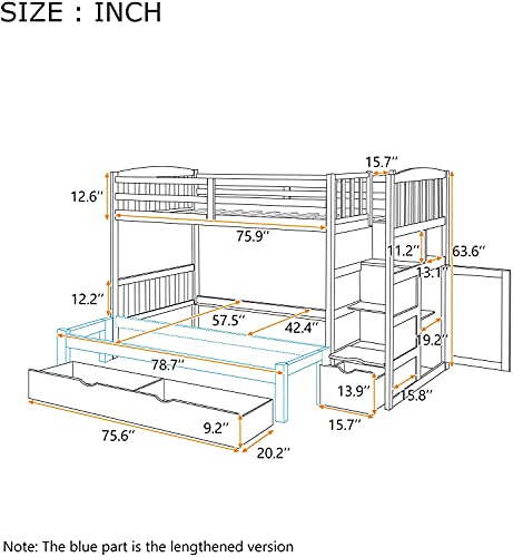 STP-Y Convertible Bunk Bed, Wood Bunk Bed with Storage Shelves and Drawers, Convertible Bottom Bed, Twin Over Twin/Twin Over Full, Grey