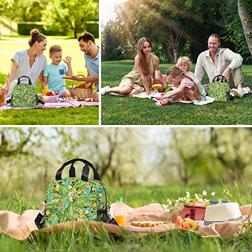 Yrindyiz Tropical Parrot Lunch Box, Reusable Palm Leaf Lunch Bag Thermal Lunch Box with Adjustable Shoulder Strap Tote Bag for Boys Girls Women Men