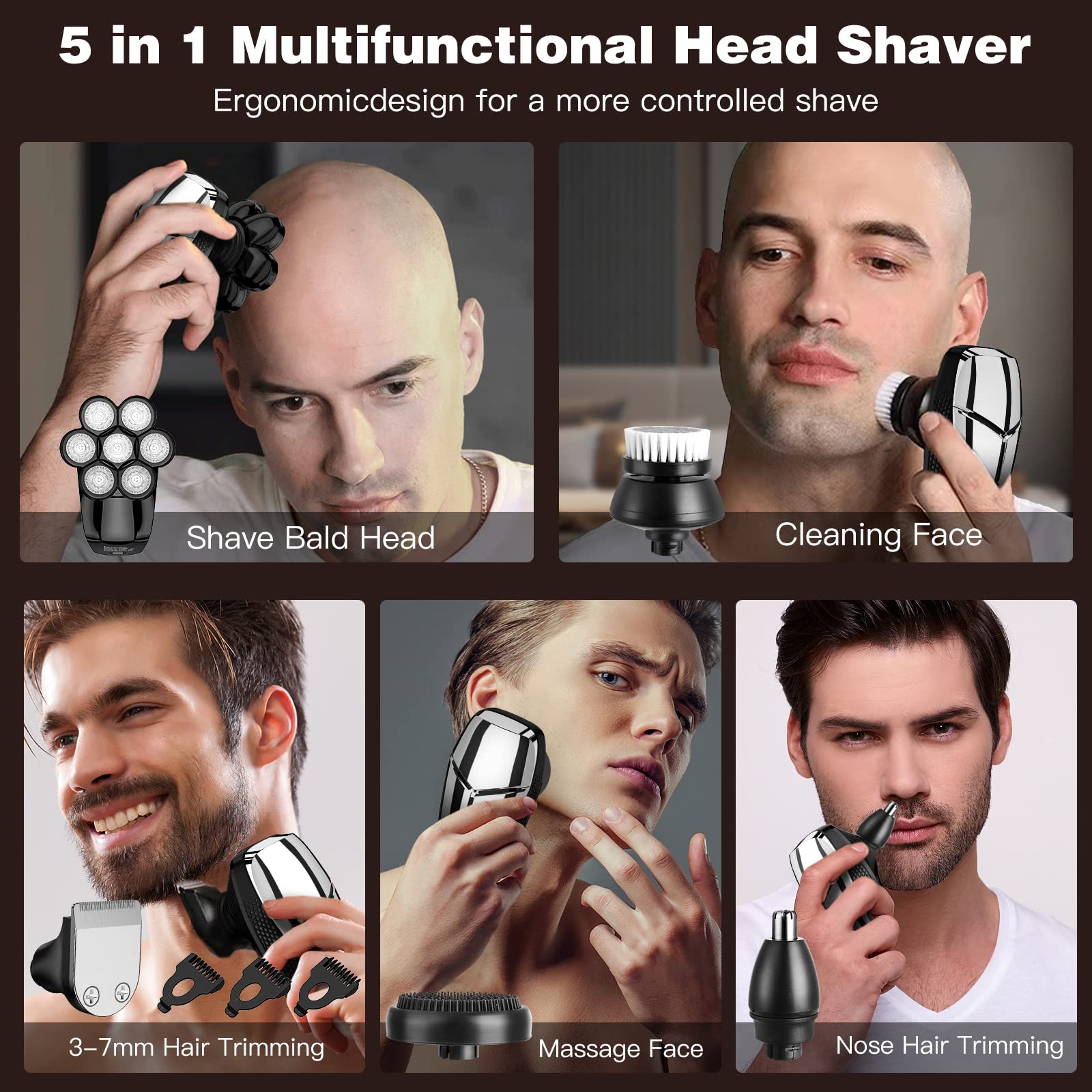 Head Shaver, 5 in 1 Head Shavers for Bald Men, Bald Head Shavers for Men with Nose Hair Sideburns Trimmer, Waterproof Wet/Dry Men Grooming Kit, LED Display, USB Rechargeable