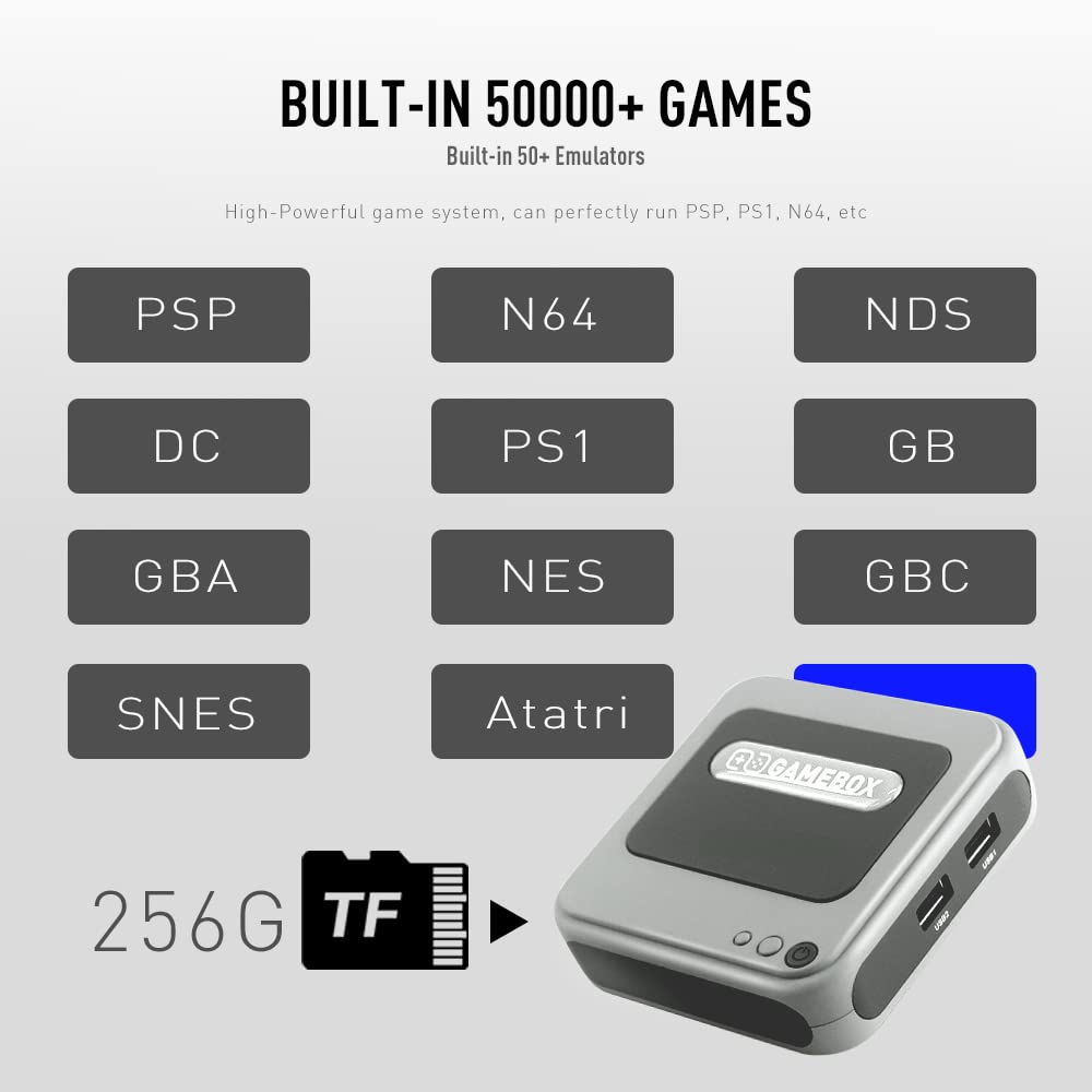 DATA FROG Retro Game Console Built in 50000+ Games Stick 4k 50+ Emulators Compatible with PSP/PS1/DC/MAME/ARCADE/ATRARI/SEGA Dual System Controller TV Game Box（256G）