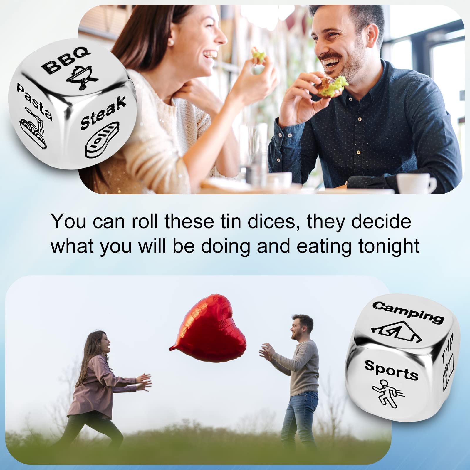 Date Night Dinner Tin Dice Meal and Activity Decider Dice 10th Anniversary Entertainment Gift for 10 Year Anniversary, Wedding, Valentine, Birthday, Christmas