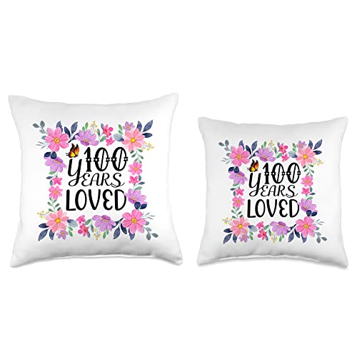 Him Her 100 Years Old Birthday Gifts Floral 100th Birthday Present Men Women 100 Years Loved Throw Pillow, 18x18, Multicolor