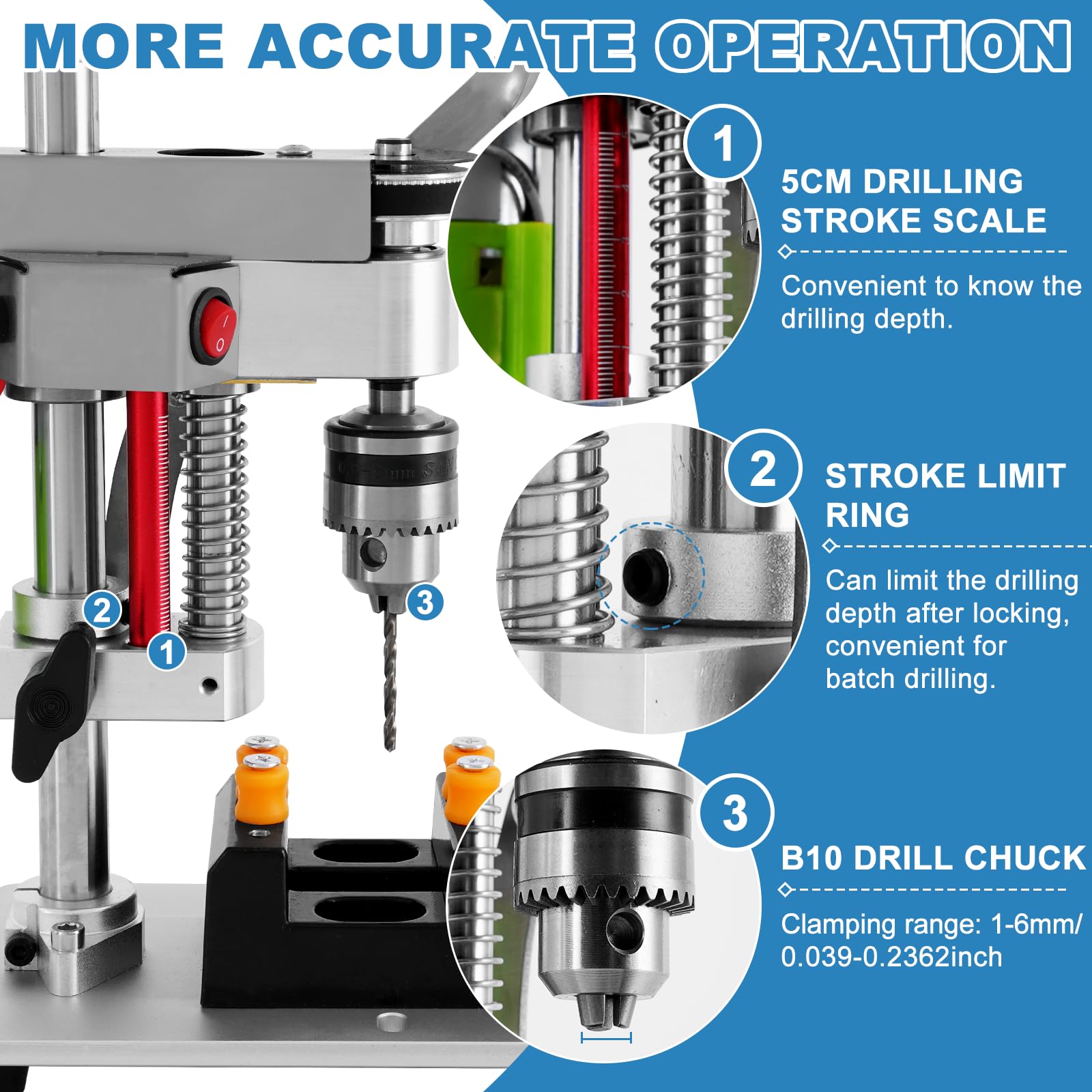 MXBAOHENG Mini Desktop Drill Press 7-speed Micro Drill Press with Work Light for Wood, Crafts and Jewelry Making, Small Table Drilling Machine 795 Motor B10 Chuck, with Belt and Motor Protective Cover