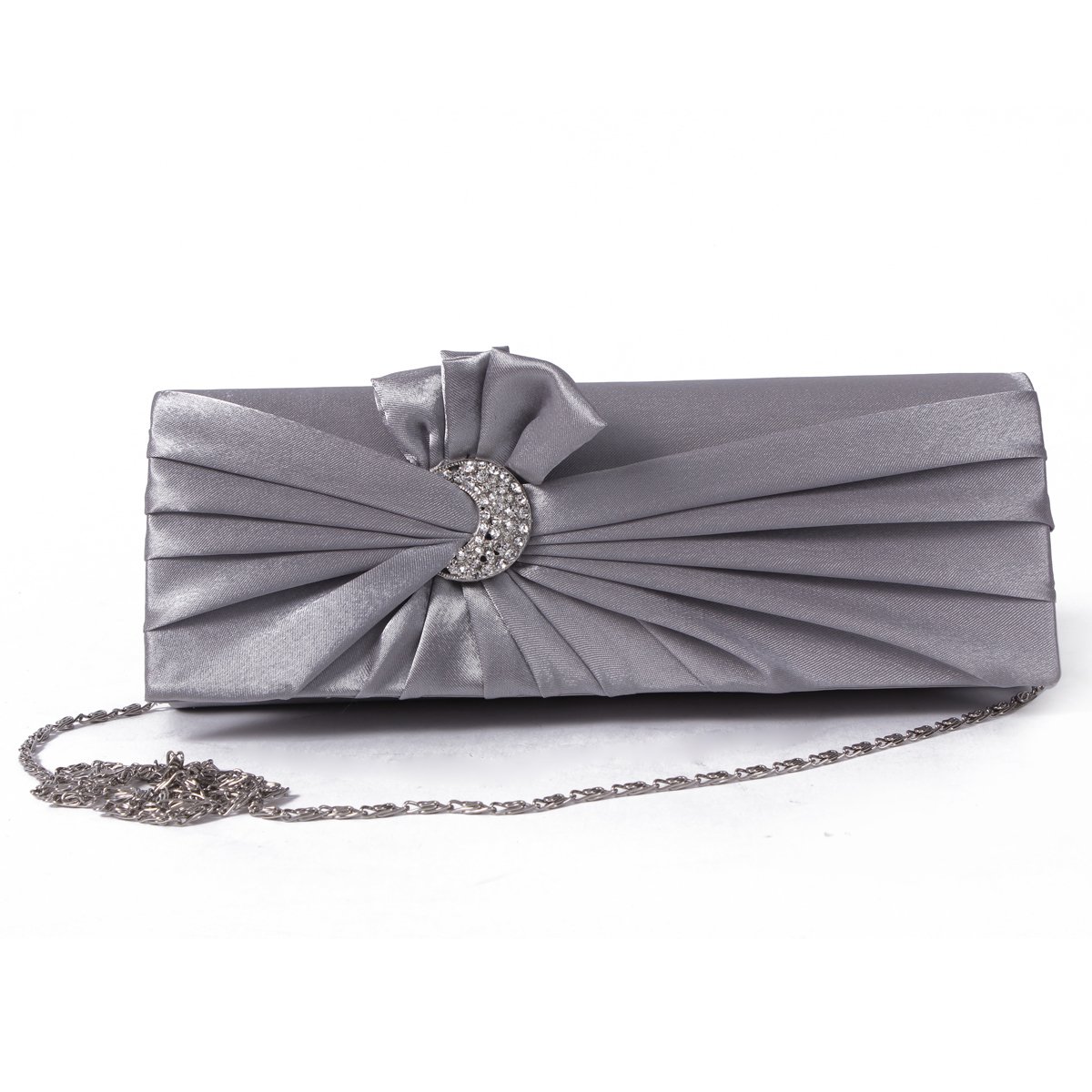 Damara Womens Pleated Satin Moon Shape Crystal Clutch Evening Bag, Navy Blue