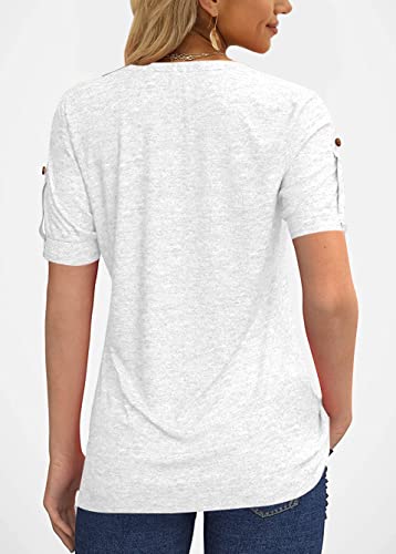 Women's fashion summer pleated button short sleeve T-shirt summer V-neck solid color casual Tunic top White