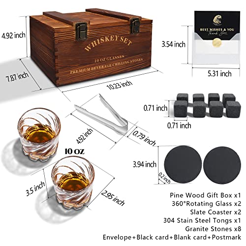 Fortuning's JDS Whiskey Glass Set for Father's Day, 2 Rotatable Whisky Glasses as Retirement Gifts with 10 Oz Old Fashioned Scotch Liquor Glasses, Ideal Whiskey Gift for Men, Husband