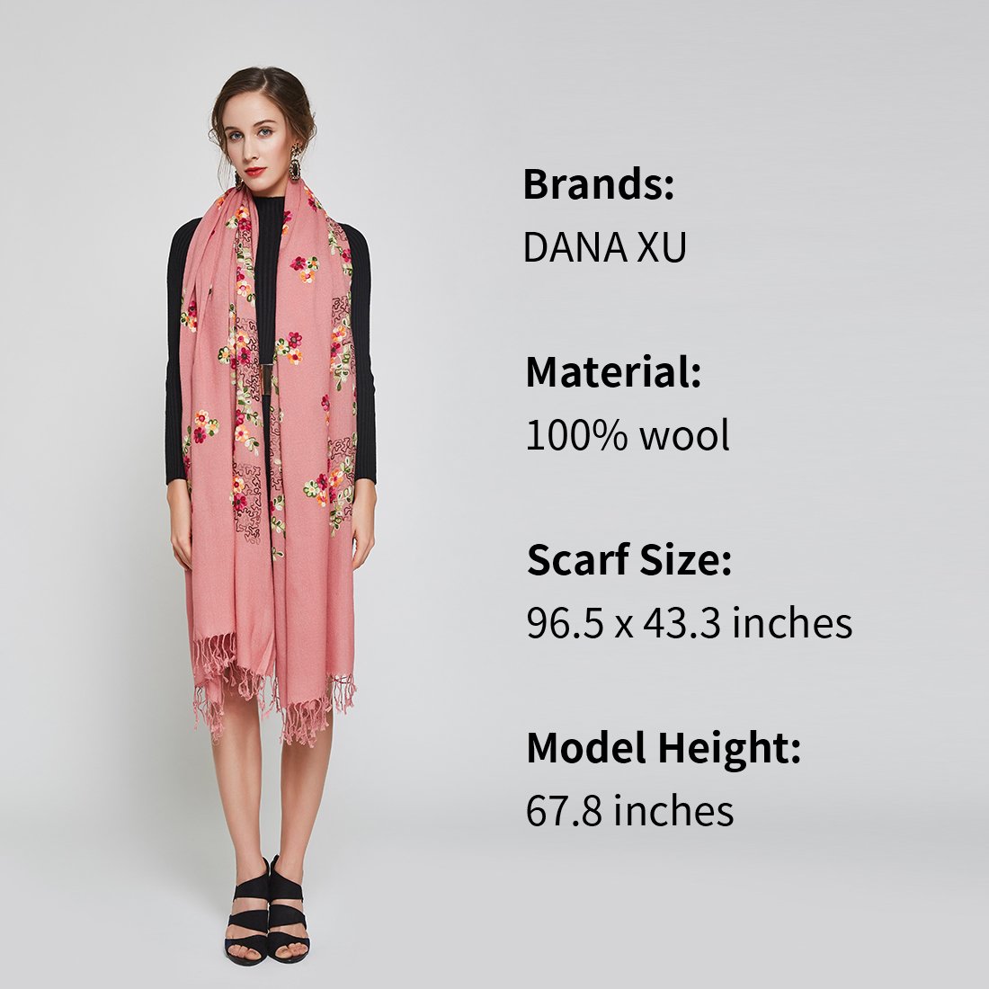 DANA XU Embroidery 100% Pure Wool Pashmina Cashmere Scarf Shawl And Wrap For Women Winter Oversized Floral Blanket