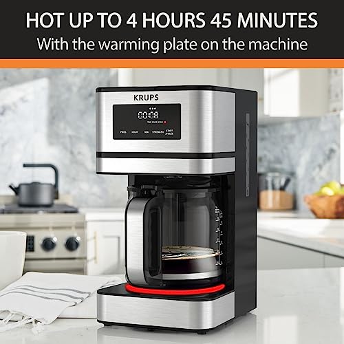 KRUPS Simply Brew Stainless Steel and Glass Carafe Drip Coffee Maker 14 Cup Programmable, Customizable, Digital Display, Warming Function Coffee Filter, Dishwasher Safe, Drip Free Silver and Black