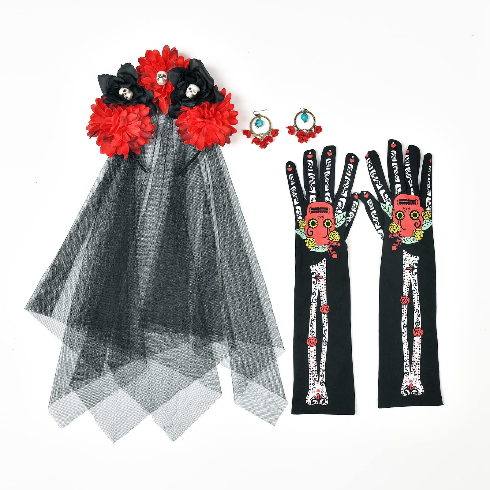 DreamLily Day of the dead Headpiece Red Rose skull Flower Crown Costume NC24 (Headband golves and earrings)