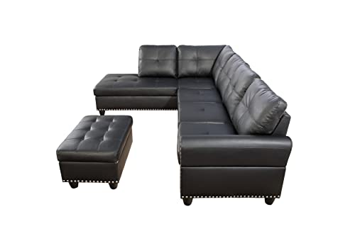 GlasFlength Leather L Shaped Couch with Ottoman, Modern Nail-Head Design Comfy Sectional Sofa with Cup Holder & Chaise for Living Room, Bedroom, Office