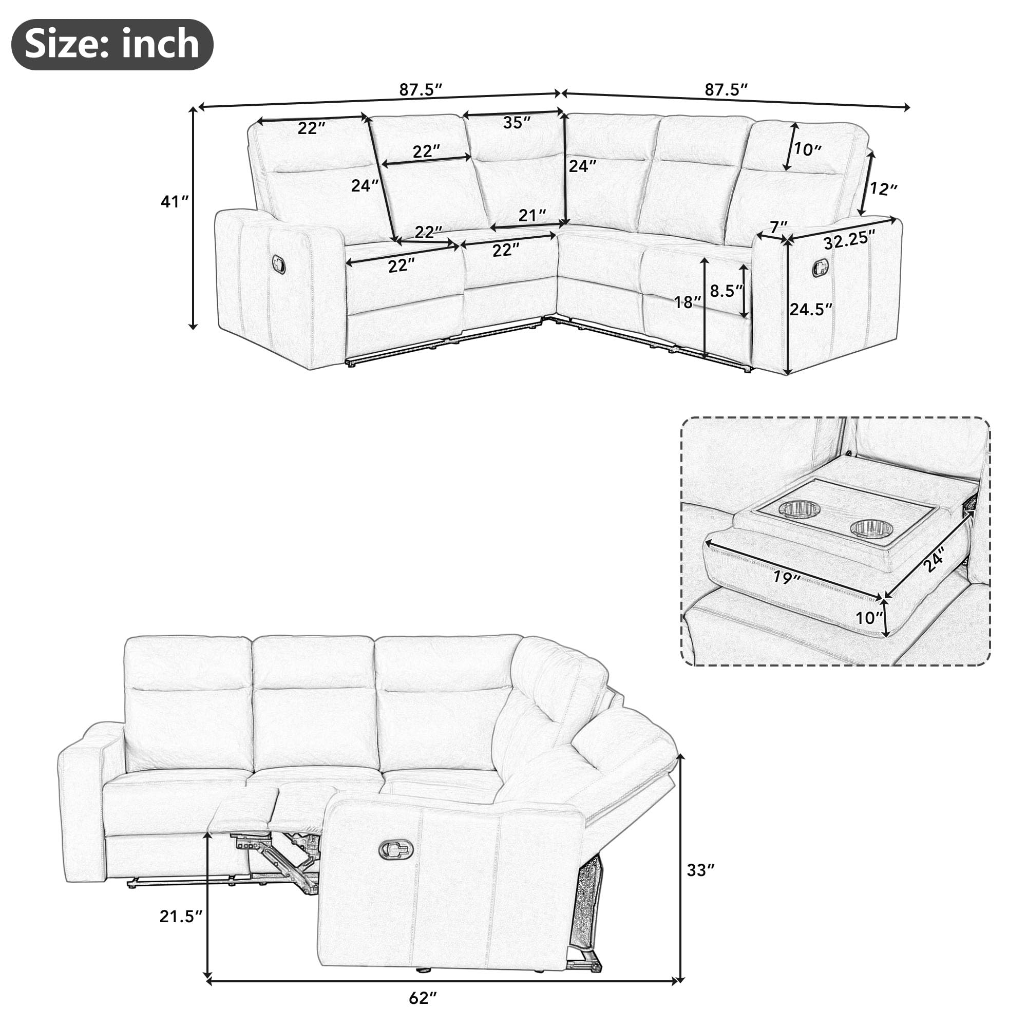 Cutimrke Home Theater Seating Sectional Set, 87.5” Manual Recliner Chair Sofa, Black Blue