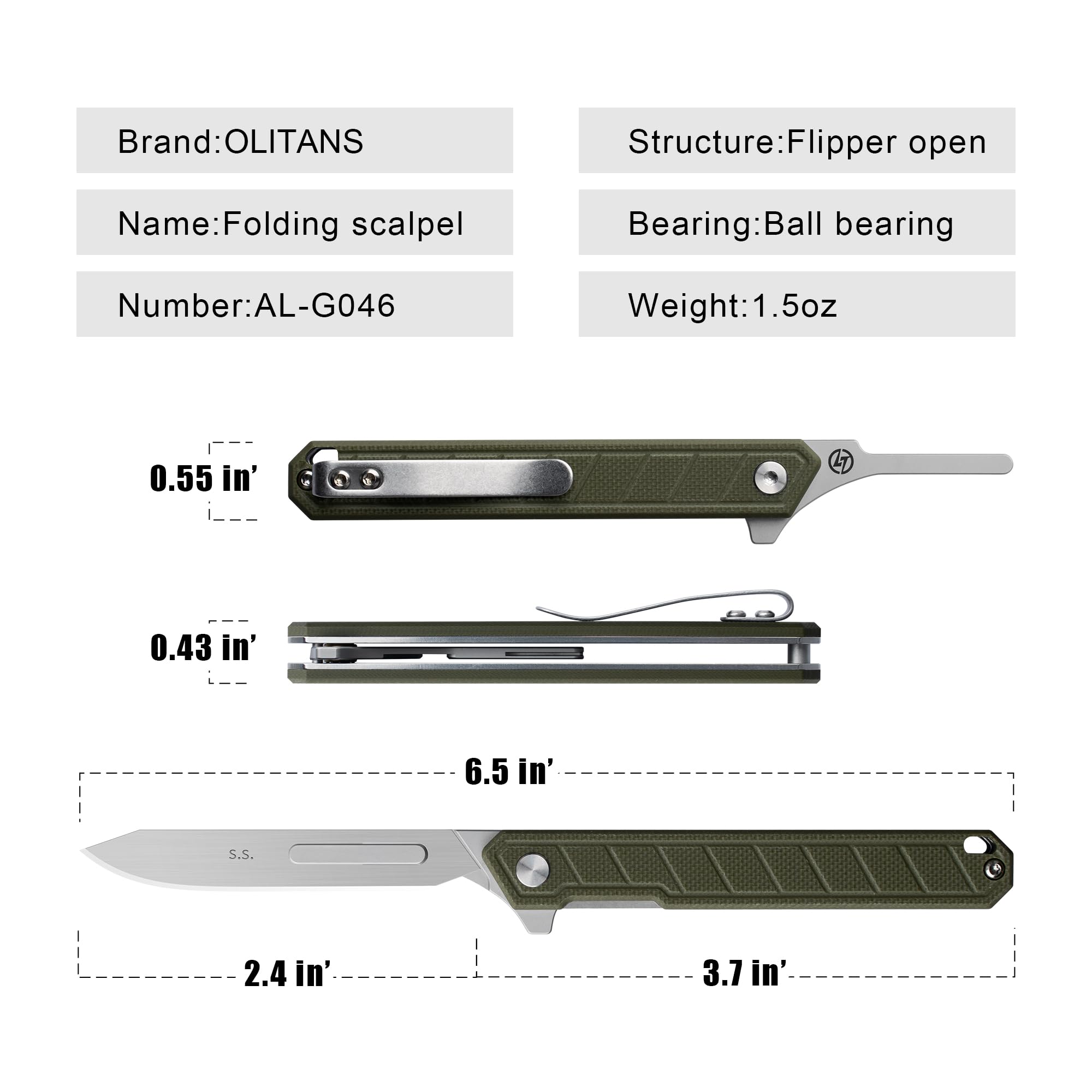 OLITANS G046 Mecha Mini Slim Folding Scalpel with 5pcs #24 and 5pcs #60 G14 Handle with Liner Lock, Utility EDC Pocket Knife with Back Clip(Green)