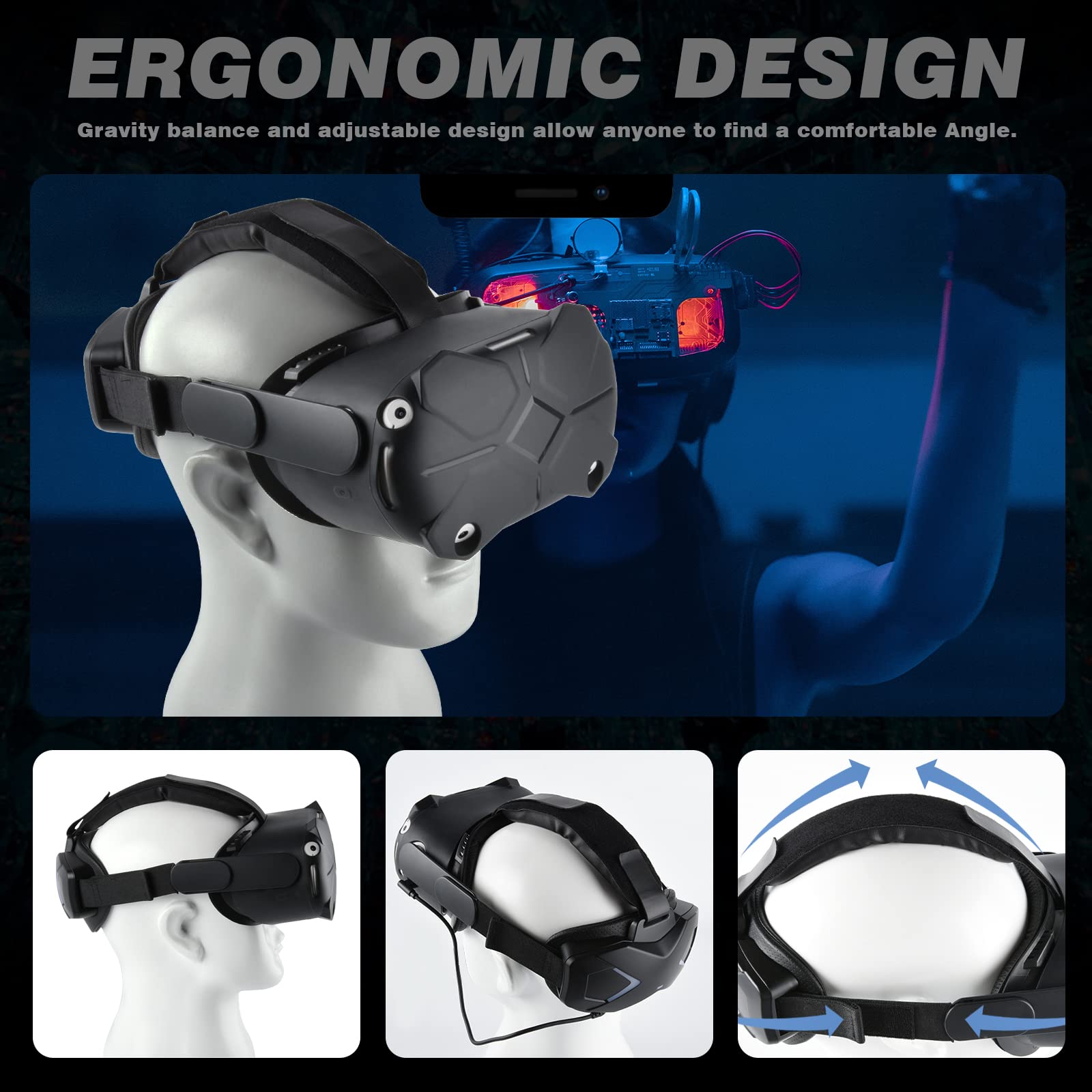 Head Strap with Battery Pack 5000mAH Compatible with Quest 2,Extend 3hrs Playtime,Thickened Lightweight Head Strap for Oculus Elite Strap with Front Face Protector Cover,Enhanced Comfort in VR-Black