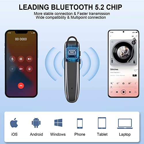 LISNLAB Bluetooth Headset with 28 Hrs Talking Time, V5.2 Wireless Handsfree Earpiece with Noise-Canceling Mic for Cell Phone, Lightweight Single Earphone for Driving Business Office Trucker - Black