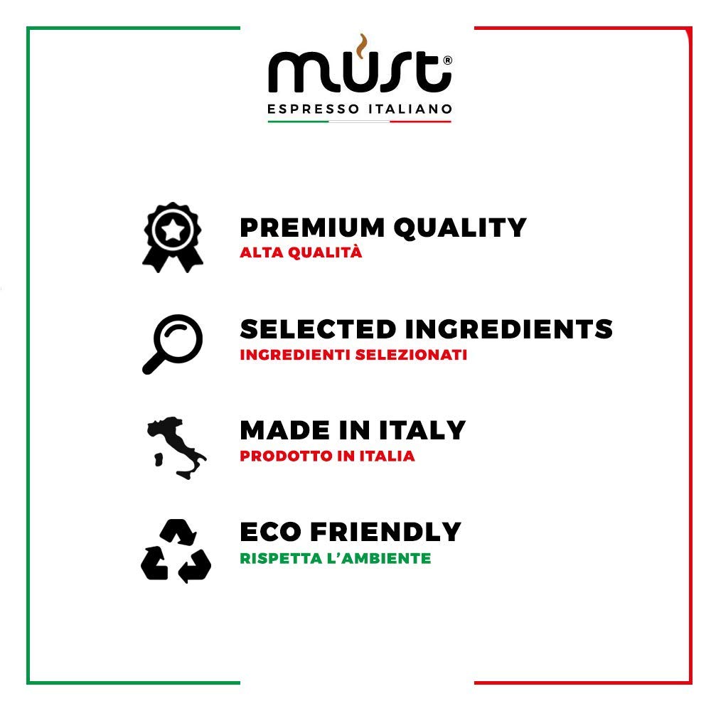 MUST, 100 Coffee Capsules in 100% Recyclable Aluminum, Ristretto Blend Intensity 7/8, 10 Packs of 10 Capsules, Compatible with Nespresso Machine, Made in Italy
