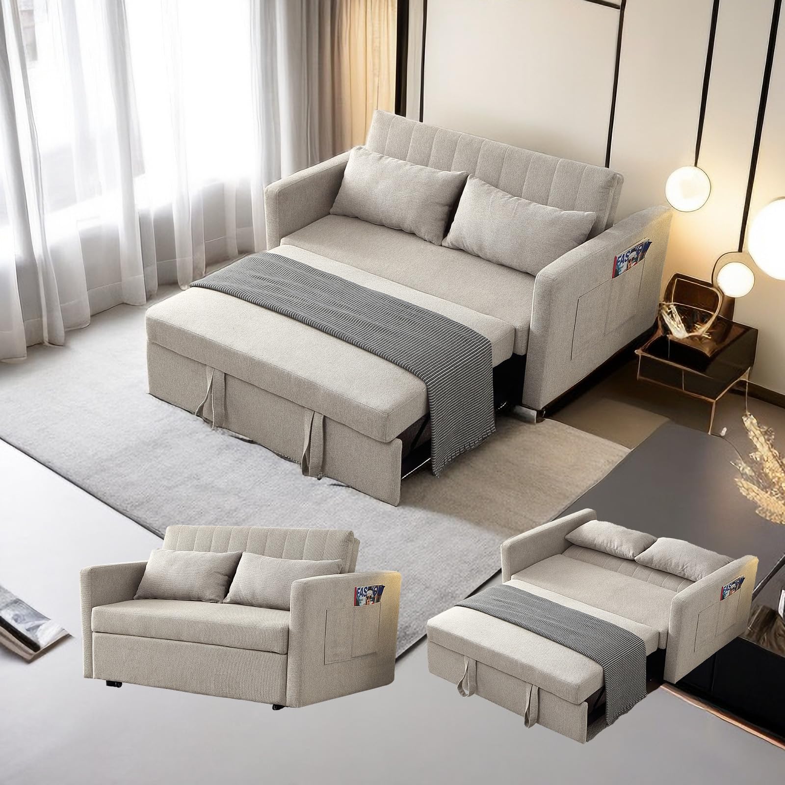 N NOORDENIYA Convertible Sleeper Sofa Bed, 3 in 1 Multifunctional Loveseat Sofa Bed, Pull Out Sleeper Couch Bed with Adjustable Backrest, Modern Sofa Bed for Home Small Space Living Room,Light Grey