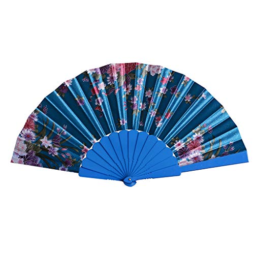 Dance Hand Party Held Flower Fan Style Wedding Lace Folding Silk Chinese Fans Metal Fans Oscillating with Remote (Sky Blue-0, One Size)
