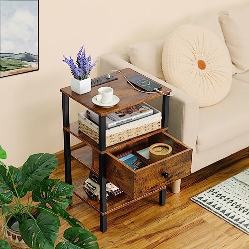 Lerliuo Nightstand with Charging Station and USB Ports, 3-Tier Storage End Table with Drawer Shelf, Night Stand for Small Spaces, Wood Bedside Table for Living Room, Bedroom - Retro Brown