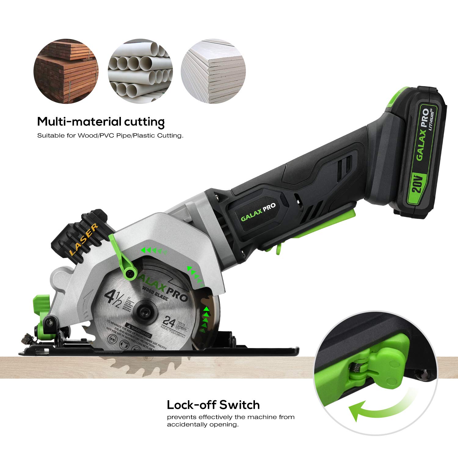 GALAX PRO 20V 4-1/2" Cordless Circular Saw with 2.0Ah battery, Laser Guide, Rip Guide, 2 Pcs Blades(24T+ 60T), 3400RPM, Max Cutting Depth 1-11/16"(90°), 1-1/8"(45°)