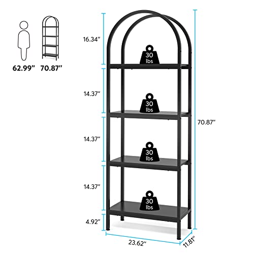 LITTLE TREE 4-Tier Arched Bookshelf, Tall Open Bookcase Storage Shelves, Wood Metal Freestanding Display Rack Tall Shelving Unit for Home Office, Bedroom, Living Room, Industrial Black