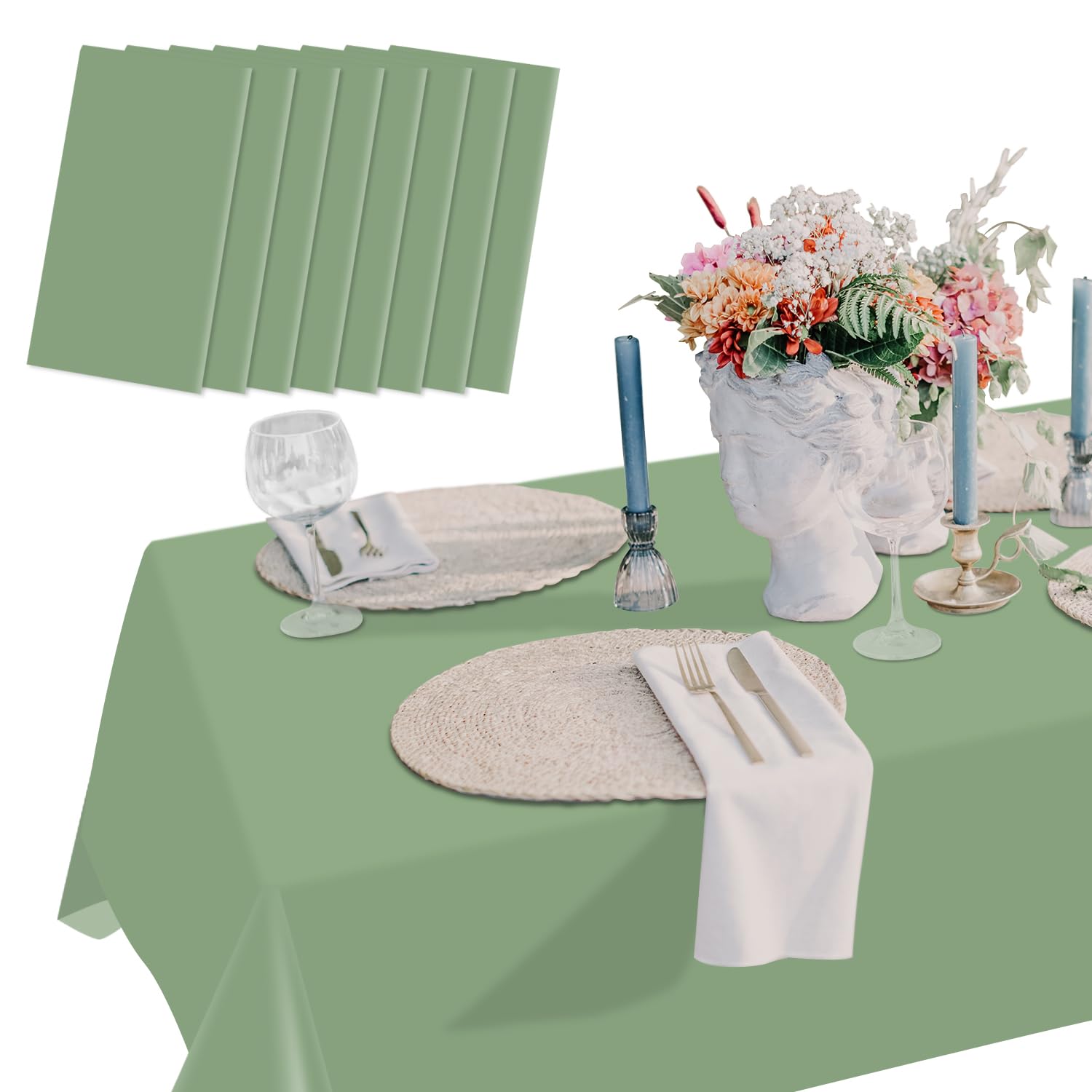 CXPSINC Sage Green Plastic Tablecloth Rectangle Plastic Table Cover 54 x 108 Inch Disposable Tablecloths for Birthday Party Wedding Baby Shower Dining Events (4 Pack)