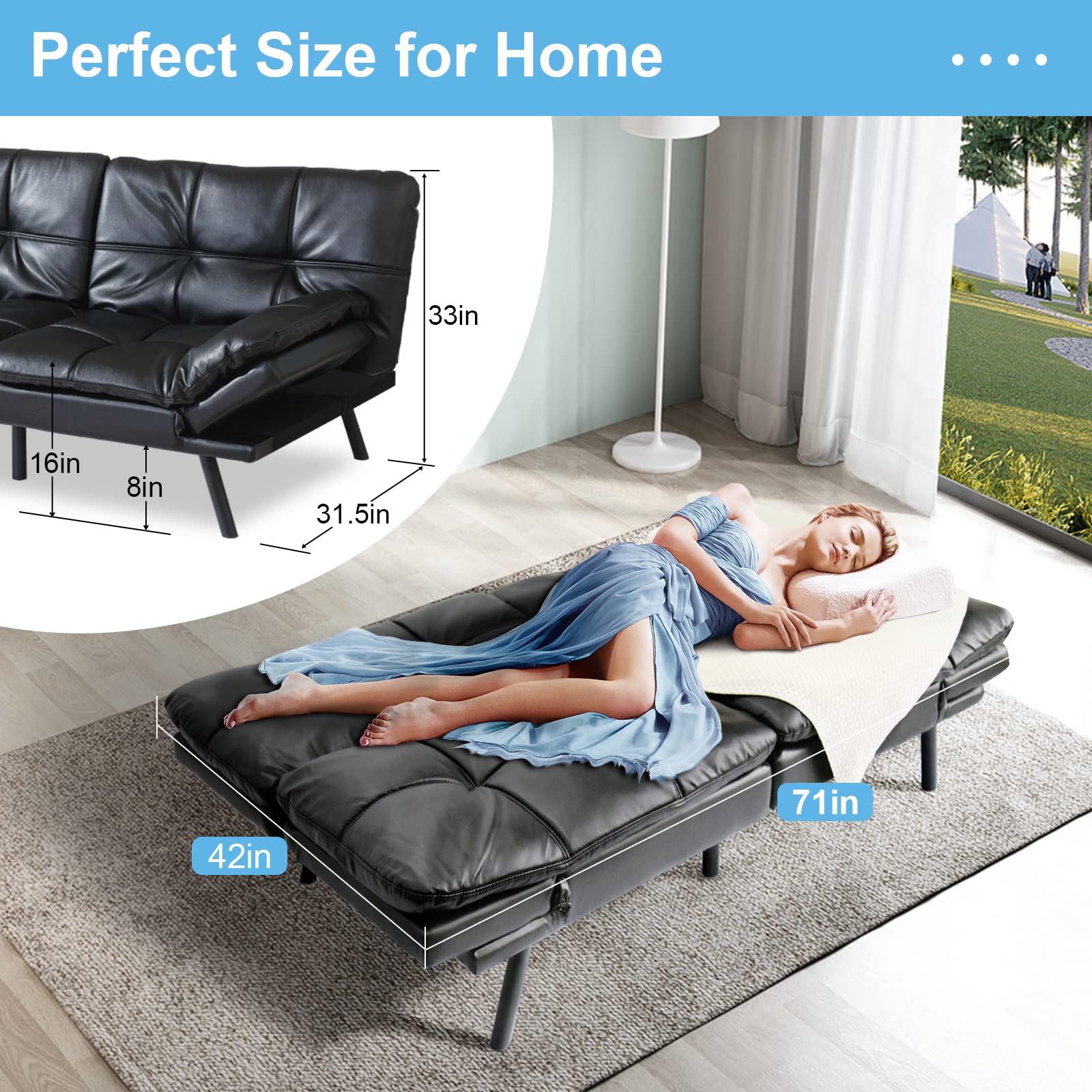MUUEGM Futon Sofa Bed Faux Leather Futon Convertible Sofa Futon Couch Bed,Memory Foam Futon Sleeper Sofa Bed,Modern Loveseat Sofa,Adjustable Armrest&Backrest Futon Sets for Living Room,Offices,Black
