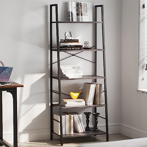 Yusong Bookshelf, Ladder Shelf 5-Tier Bookcase for Bedroom, Industrial Book Shelves Storage Rack with Metal Frame for Home Office, Gray