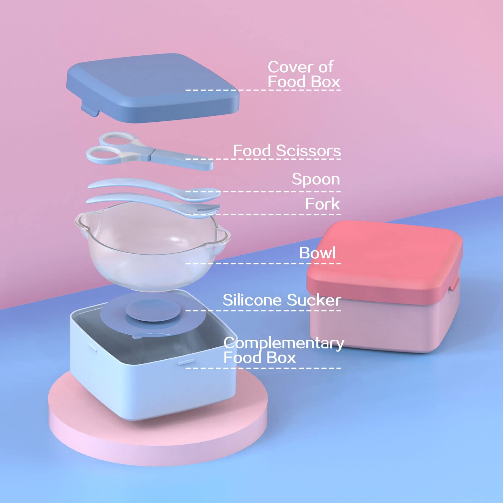 Silicone Suction Bowl For Toddlers Baby Suction Cup Food Container for Snack Oatmeal Outdoor Kids Tableware Auxiliary Scissors And Spoon And Fork 5 Piece (Blue) (Pink)