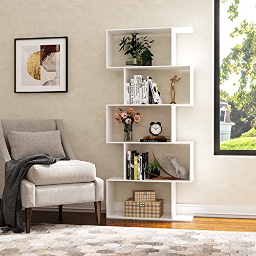 Yusong Bookshelf 5-Tier, Geometric Bookcase S Shaped Book Shelves for Bedroom, Modern Wood Decorative Display Shelf Book Case for Home Office, White