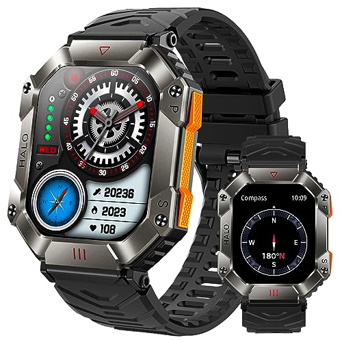 Military Smart Watch for Men(Call Receive/Dial) with 650mAh Long Battery Life, 2” Big Screen Rugged Tactical Sports Smartwatch with Compass Barometer Heart Rate Sleep Tracker for Android iOS Black