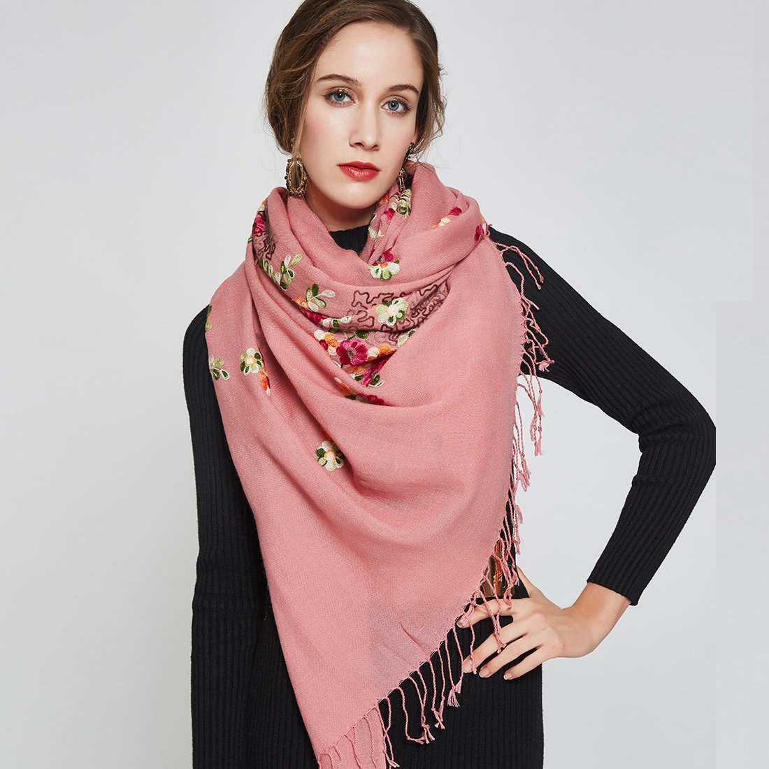 DANA XU Embroidery 100% Pure Wool Pashmina Cashmere Scarf Shawl And Wrap For Women Winter Oversized Floral Blanket