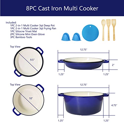 Enameled 2in1 Cast Iron Dutch Oven Pot with Grill Lid – 5 Quart Dutch Oven with Lid Cast Iron, 8pc Accessories Set, Never Needs Seasoning, Cobalt Blue Enamel Dutch Oven for Cooking & Baking