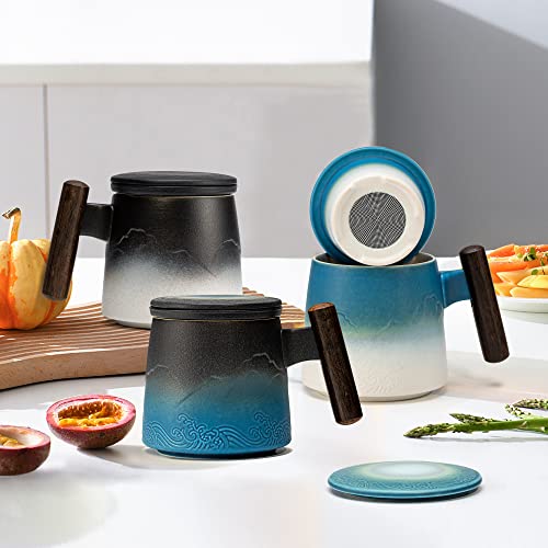 suyika Ceramic Tea Cup with Infuser and Lid Tea Mugs Wooden Handle for Steeping Loose Leaf Tea 400ml, 13.5 oz, Gradient Navy Blue & Black