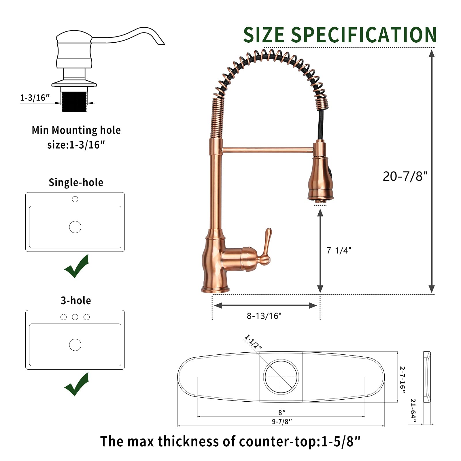Copper Kitchen Faucet with Soap Dispenser, Single Handle Solid Brass High Arc Pull Down Sprayer Head Kitchen Sink Faucets with Deck Plate AK96518