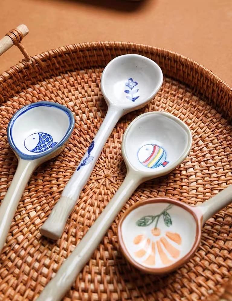 YUURAIN VUVU Japanese Large Spoon, Handmade Long Handle Asian Spoons, Retro Ceramic Spoons, Ramen Spoons, Pho Spoons, Large Soup Spoons with Cute Hand-Painted Pattern, Hand-Kneaded (2 Pieces) - D