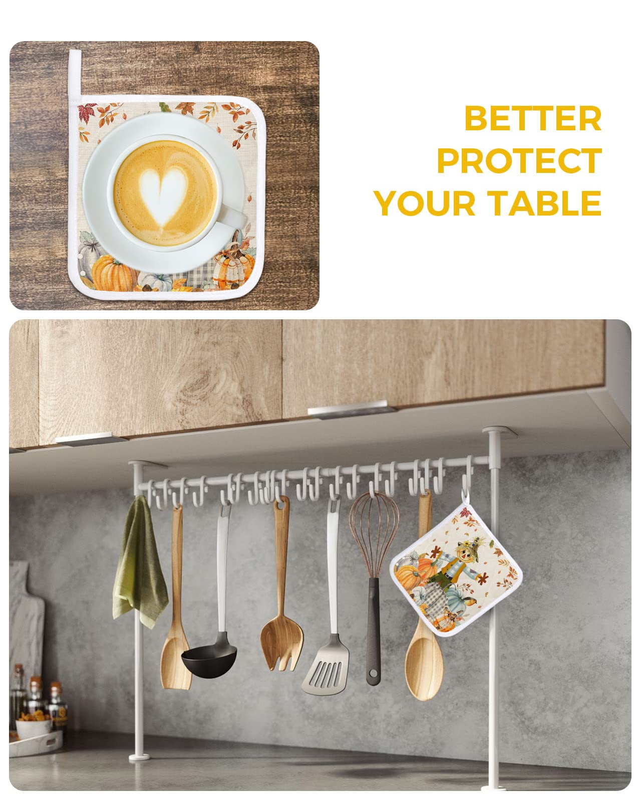 Fall Scarecrow 2 PCS Pot Holders for Kitchens Counter, Autumn Thanksgiving Pumpkin Maple Burlap Heat Insulated Podholders Oven Hot Pads for Cooking BBQ Baking Heat Proof Mat
