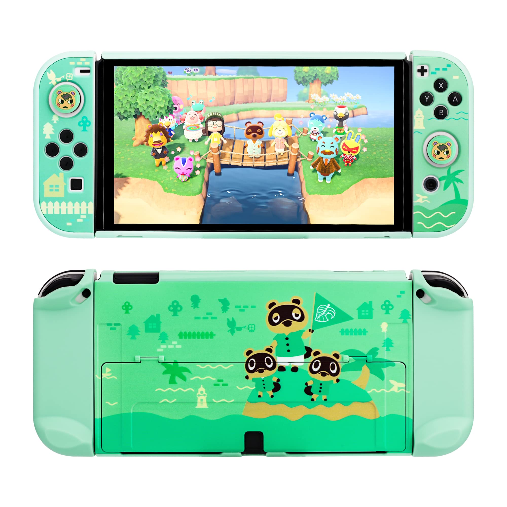 GLDRAM Cute Case Compatible for Nintendo Switch OLED Cover, Green Protective Case for Switch OLED Console and Joy Con Controller, Hard PC Shell with 2 Thumb Grip Caps - for Animal Crossing Island