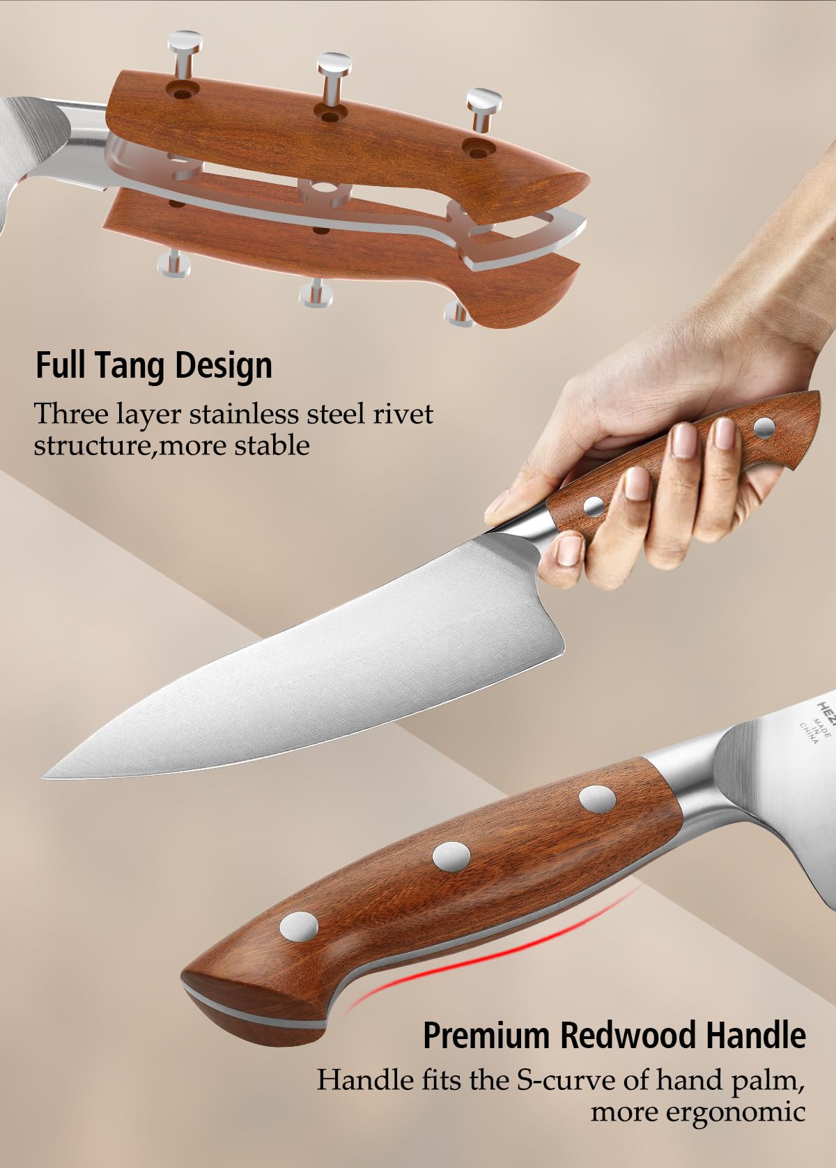 HEZHEN Pro Chefs Knives 8.3 Inch,High Carbon German 1.4116 Steel,Stainless Steel Rivets with Red Wood Handle,Razor Sharp,Super Edge,with Woodern Knife Sheath